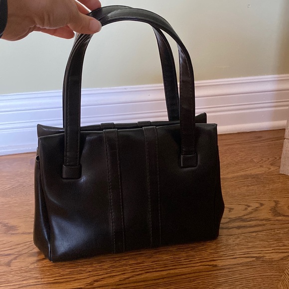 Bags | Vintage Black Handbag Purse Leather Clasp Closure Small Handles ...